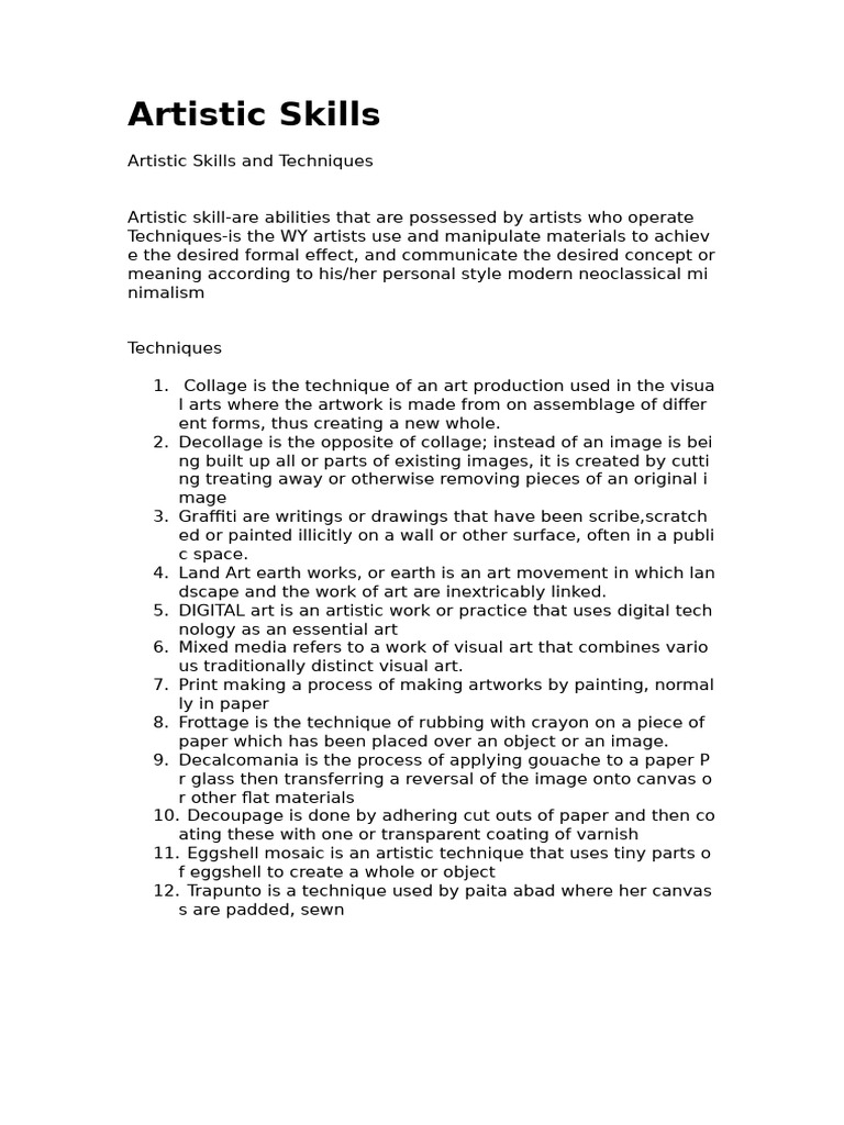 Artistic Skills and Techniques Overview | PDF