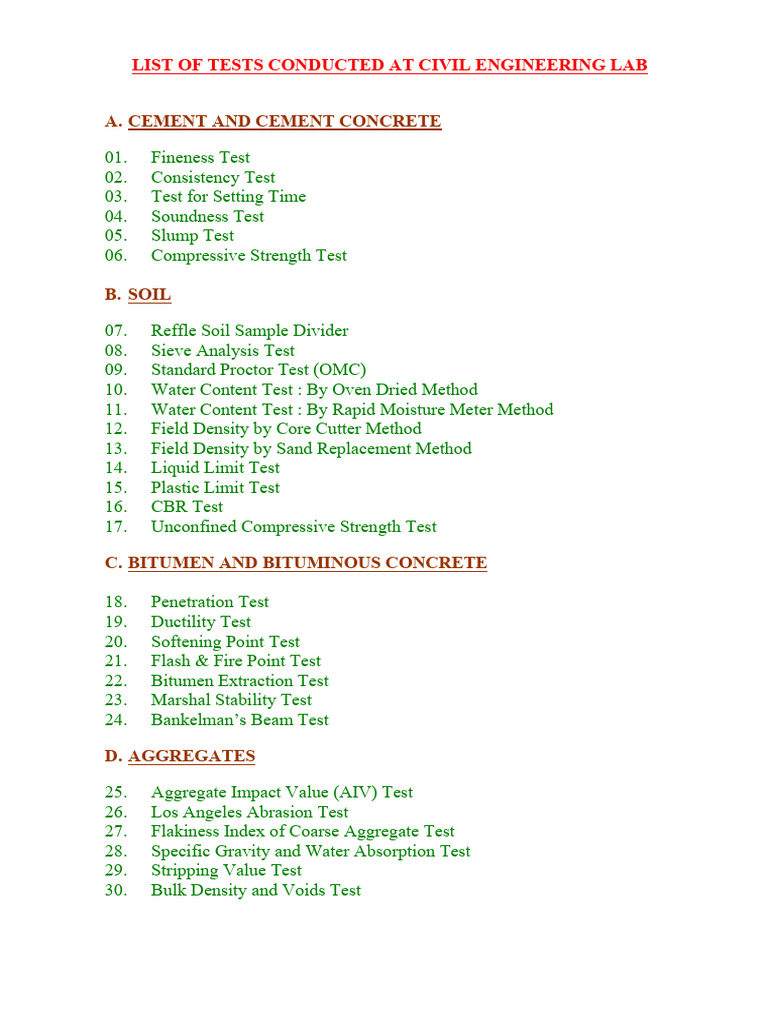 Civil Engineering Lab Tests Overview | PDF | Concrete | Density