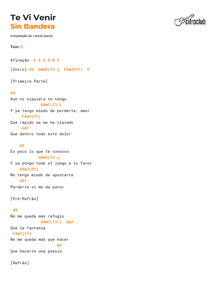 Letra de "Te Vi Venir" - Sin Bandera | PDF