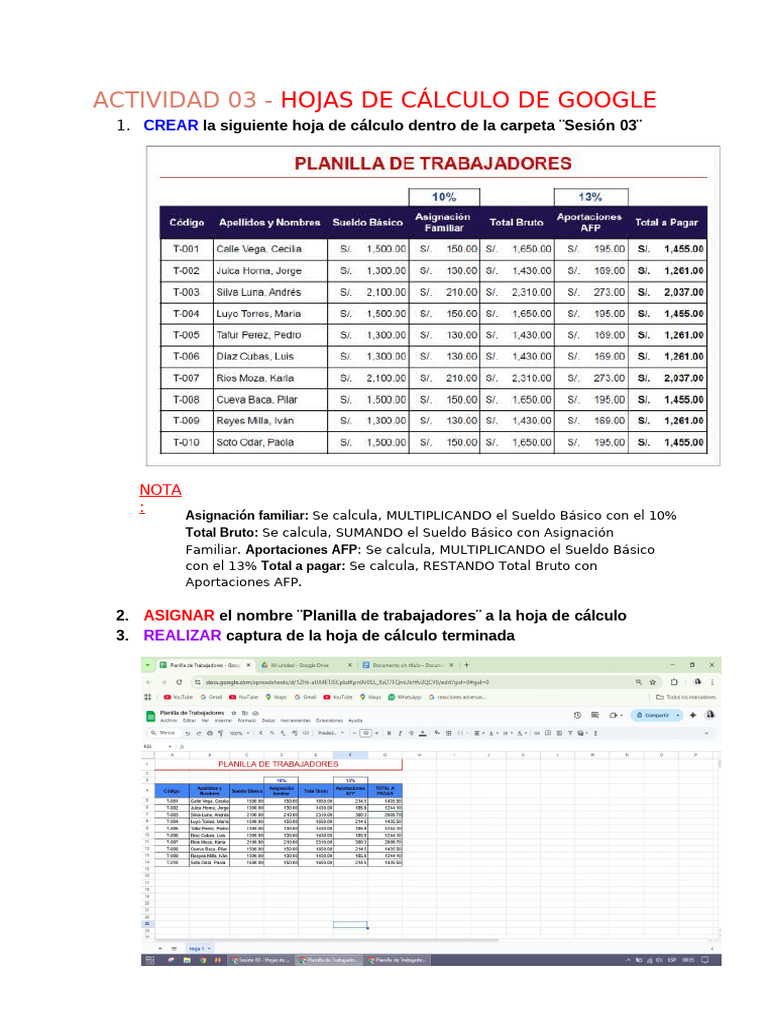 Actividad 03 - Hojas de Cálculo de Google (Yunely Silva) | PDF