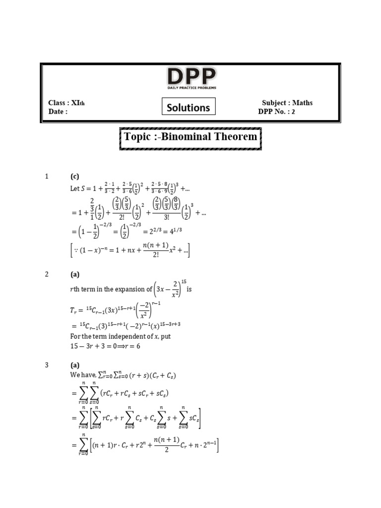 XI Maths DPP 2: Binomial Theorem Solutions | PDF | Mathematics