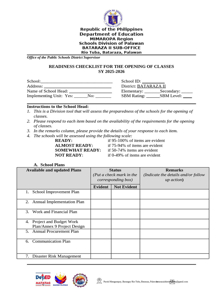 Readiness Checklist for the Opening of Classes 2025 | PDF | Water