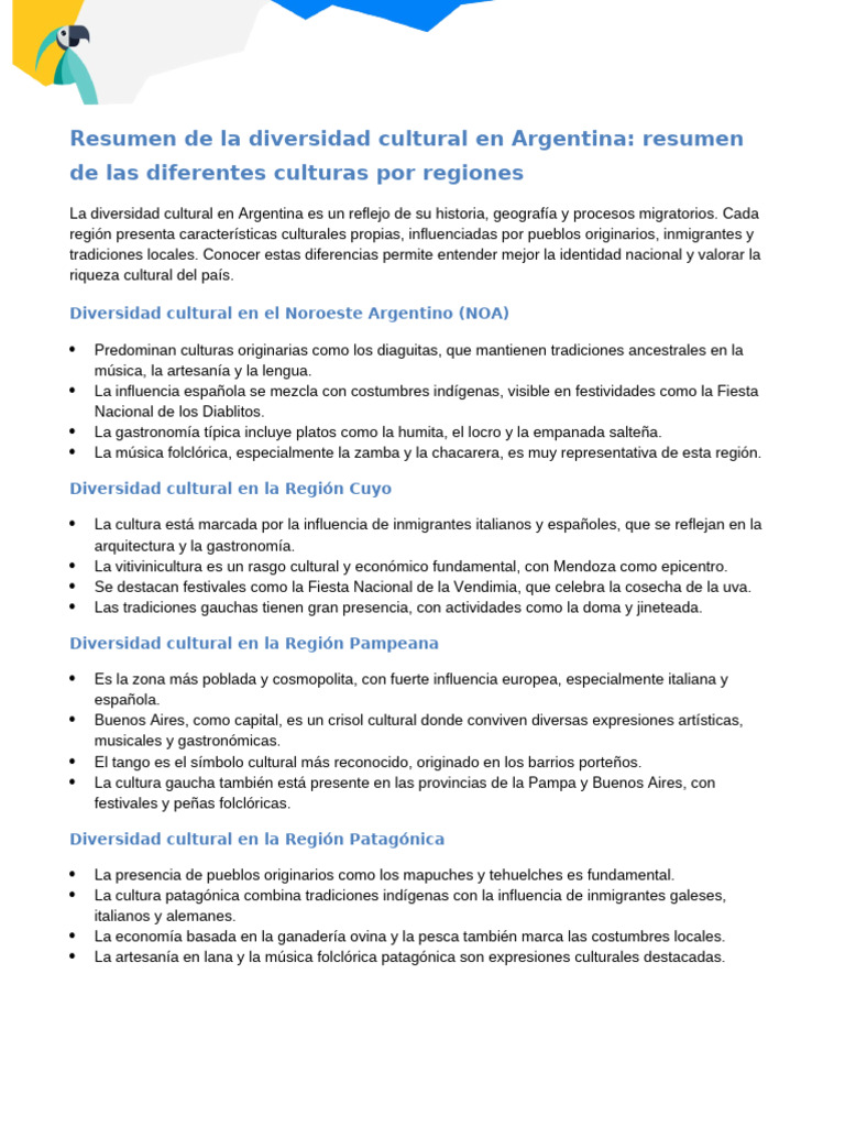 Diversidad Cultural en Argentina por Regiones | PDF