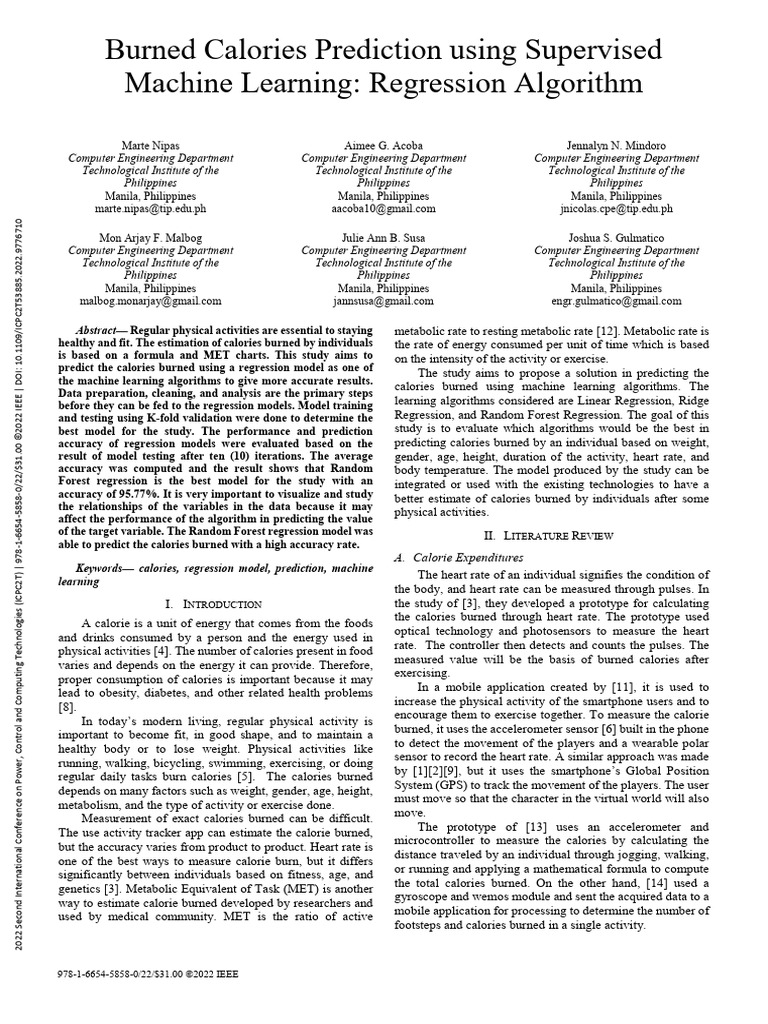 Burned Calories Prediction Using Supervised Machine Learning Regression ...