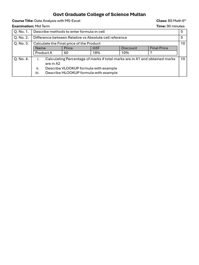 Data Analysis Exam: MS-Excel Basics | PDF
