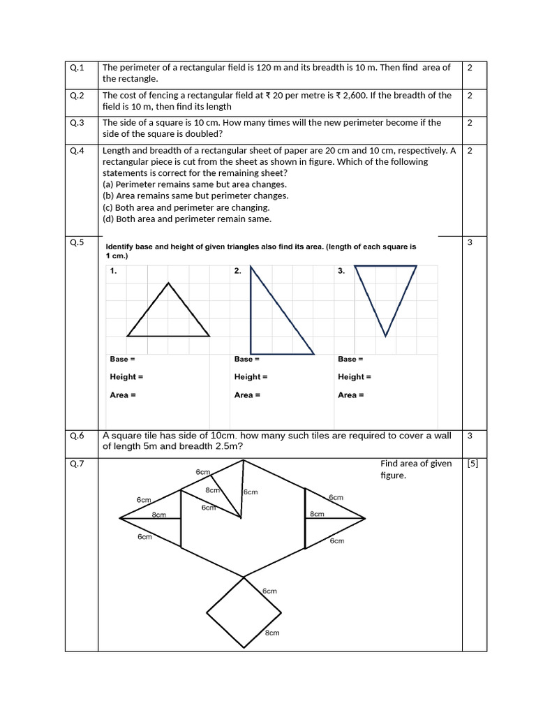Class Test Perimeter Area | PDF