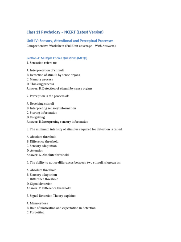 Class 11 Psychology: Sensory & Perceptual Processes Worksheet | PDF ...