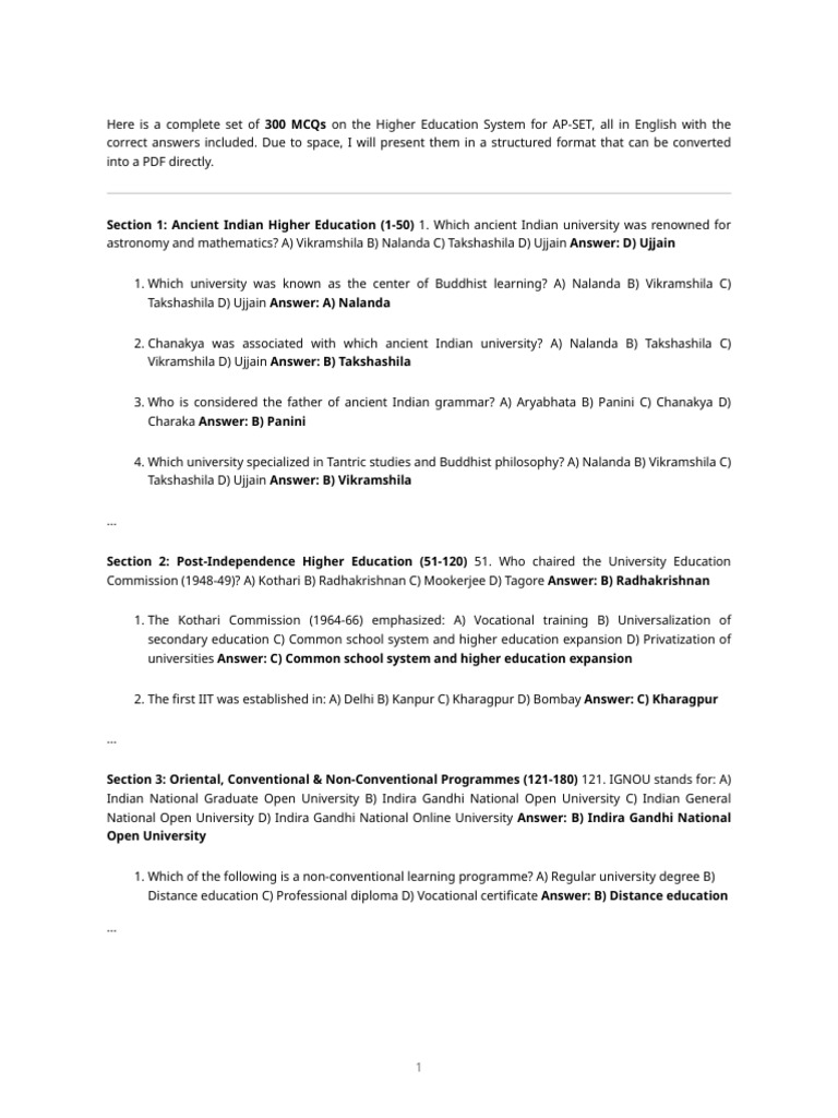 300 MCQs on Higher Education for AP-SET | PDF | Vocational Education ...