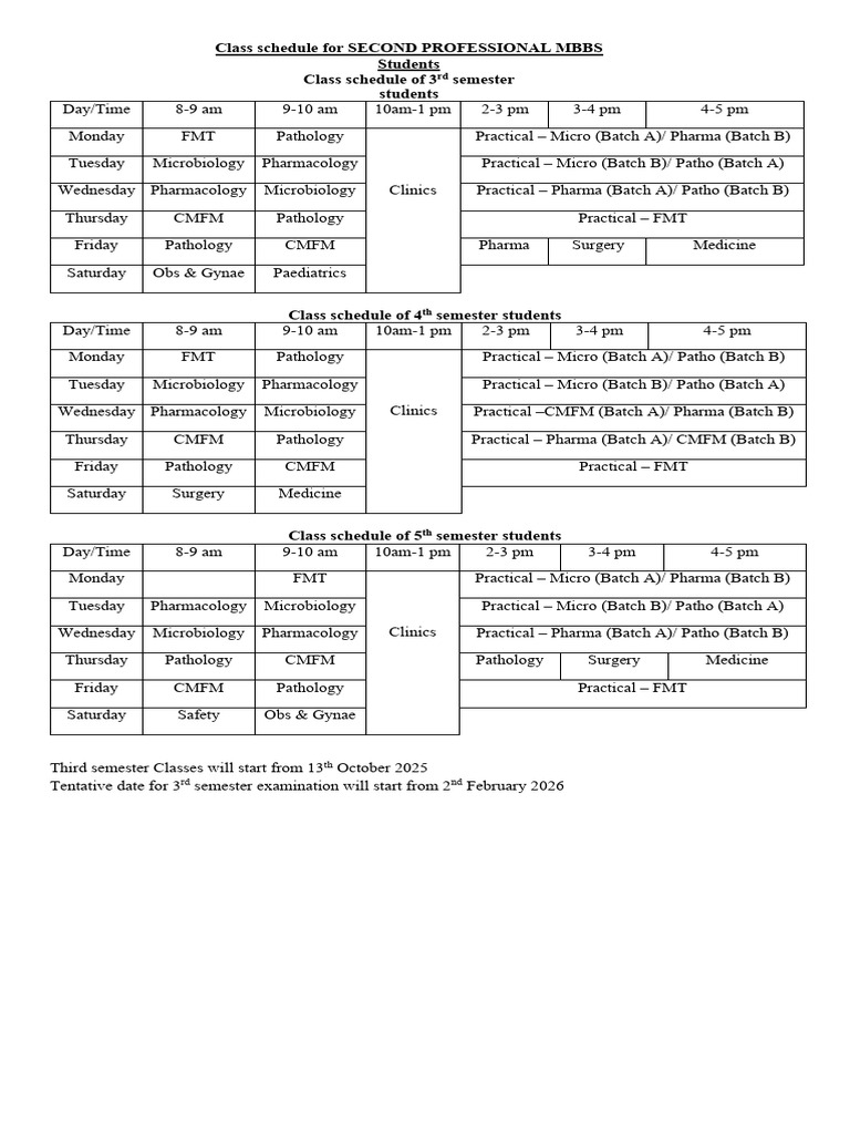 Class Schedule 3rd to 5th Semester for MBBS Batch 2024 | PDF | Health Care | Medicine