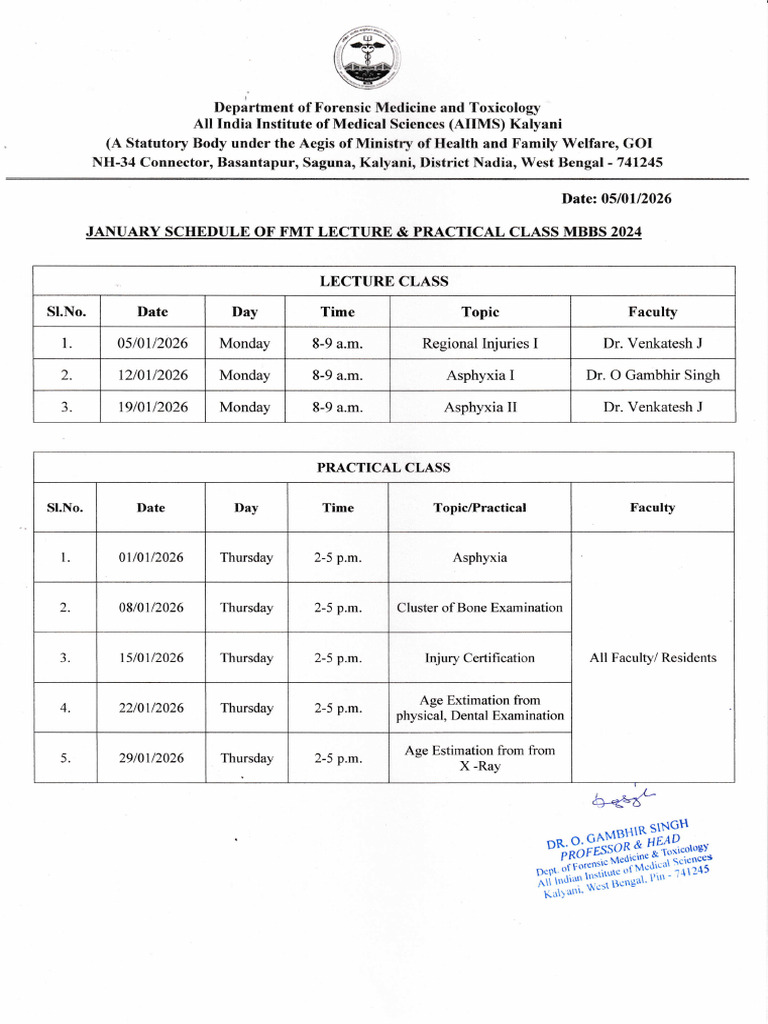 FMT January 2026 Lecture Schedule AIIMS | PDF
