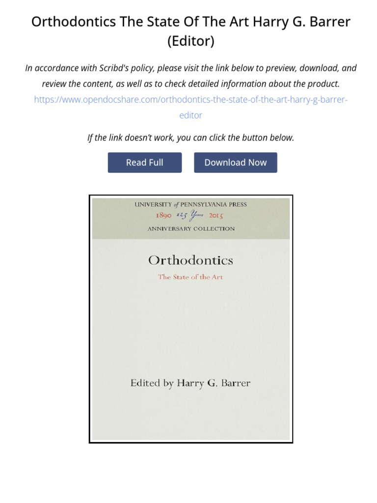 Orthodontics The State of the Art Harry G. Barrer (Editor) | PDF
