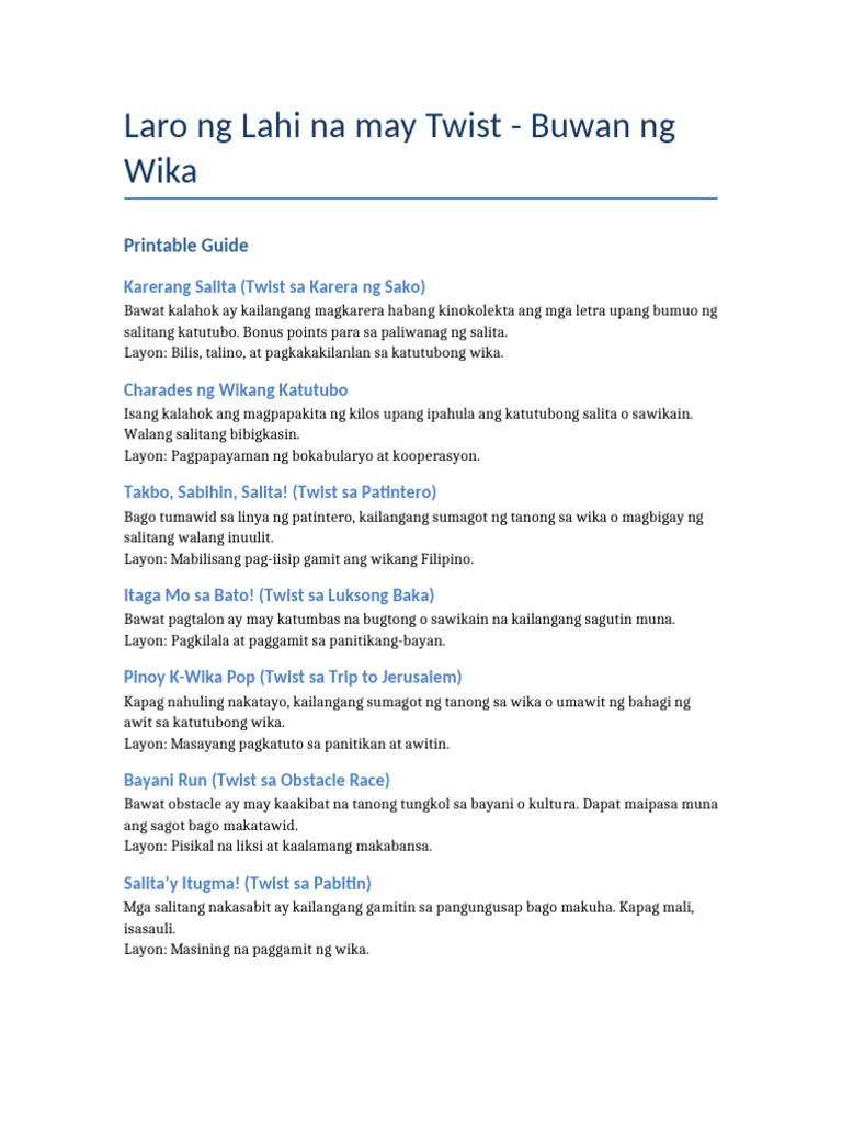 Laro NG Lahi Buwan NG Wika Guide With Examples | PDF