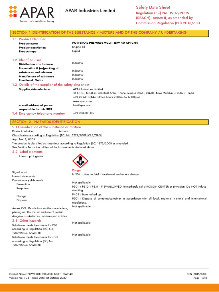 3 Sds Premium Multi 15w 40 API Ch4 | PDF | Waste | Waste Management