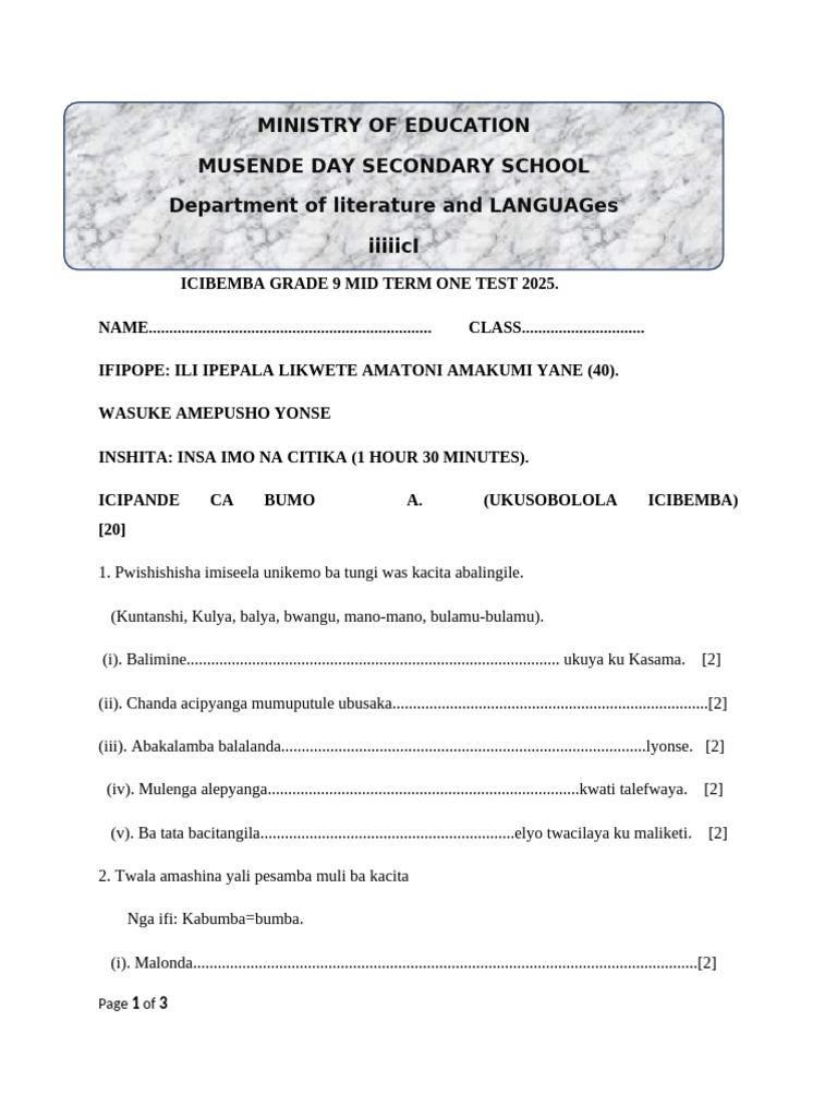 g9 Zl Mid Term 1 Test | PDF