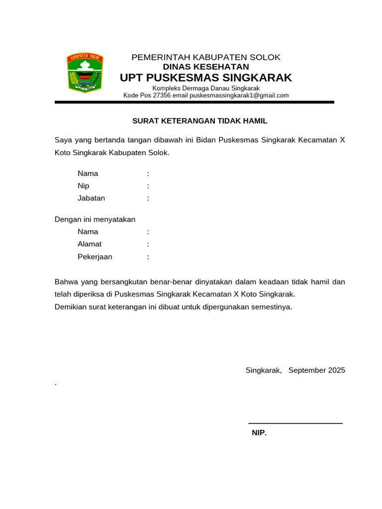 Surat Keterangan Tidak Hamil Puskesmas Singkarak | PDF