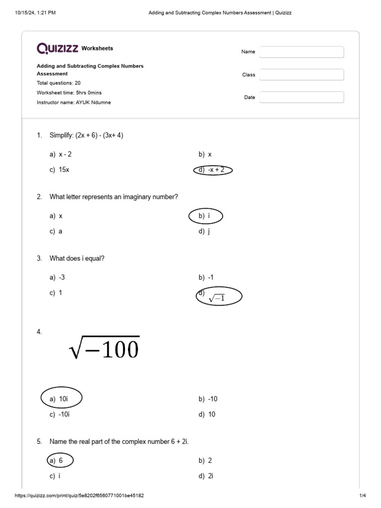 Kami Export - Adding and Subtracting Complex Numbers Assessment | PDF ...