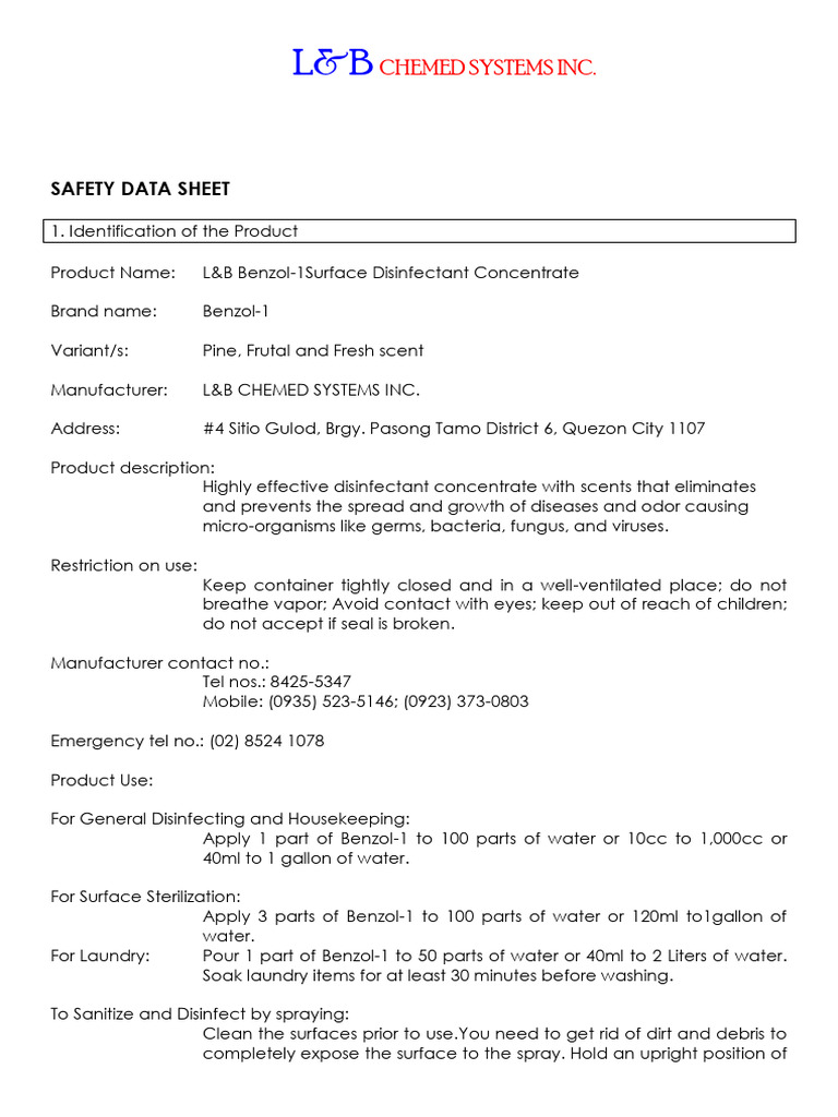 L&B Benzol-1 Disinfectant Safety Data Sheet | PDF