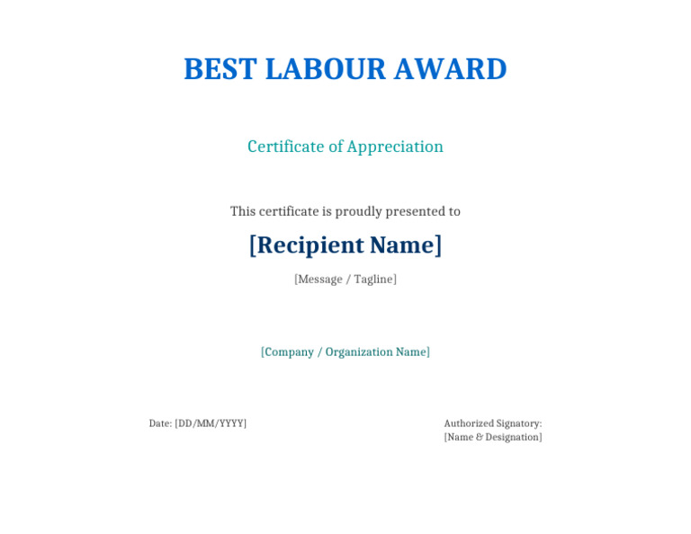 Best Labour Award Certificate Template | PDF