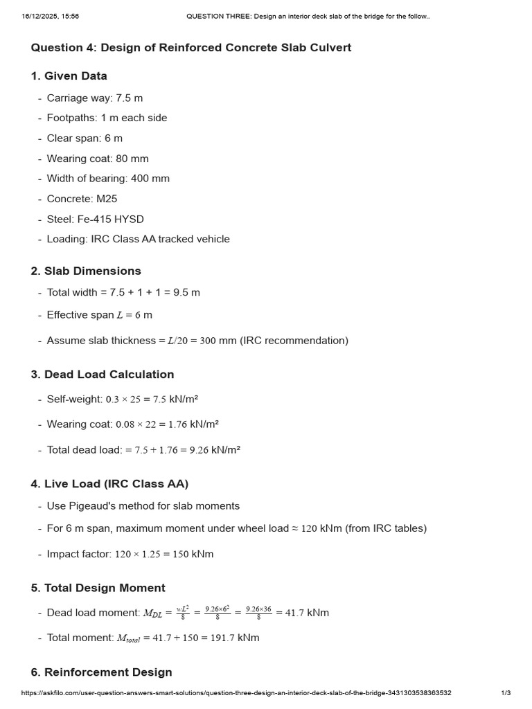 Culvert Slab Design Q.3 | PDF | Building Engineering | Structural ...