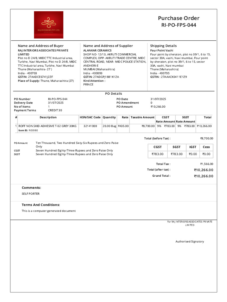 Purchase Order RI PO FPS 044 2025-07-31 | PDF | Economy Of India | Taxation