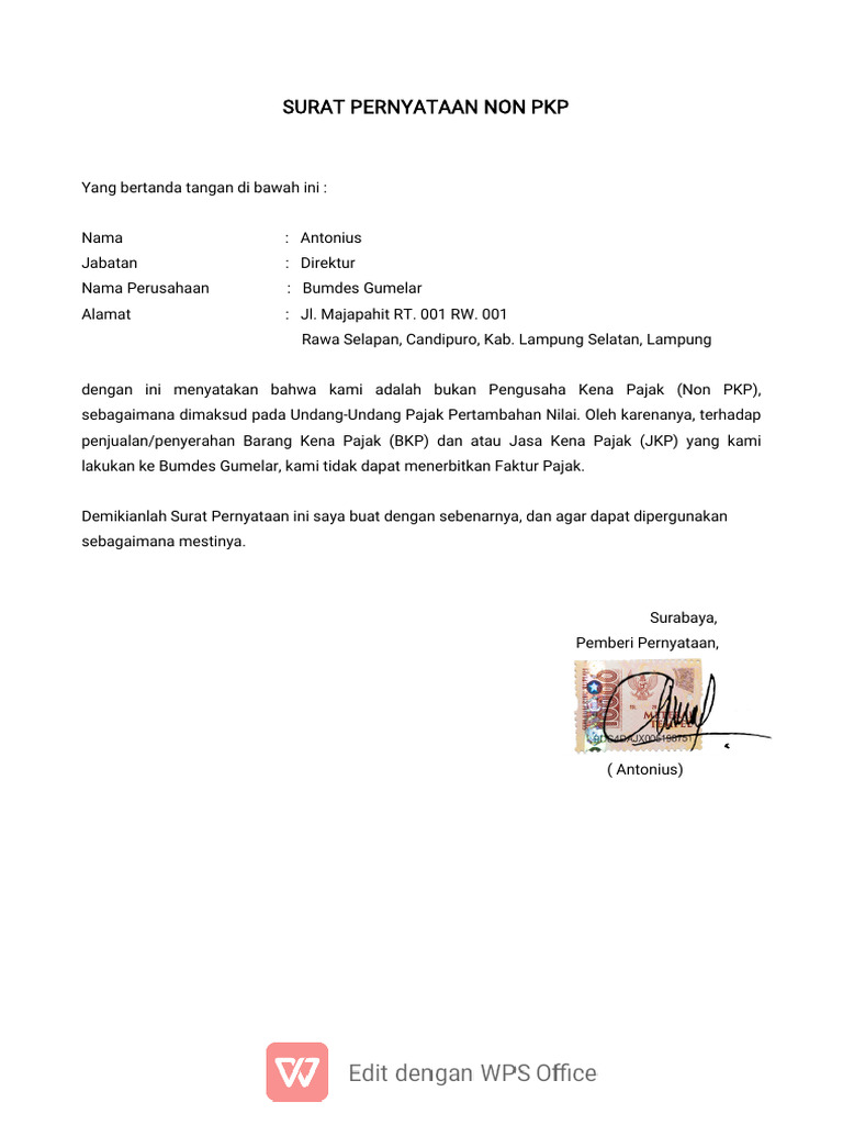 Surat Pernyataan Non PKP | PDF
