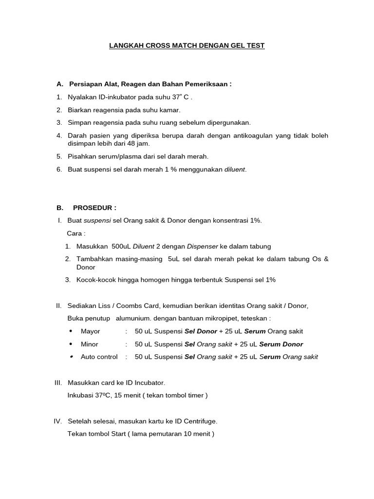 Prosedur Cross Match Gel Test Darah | PDF