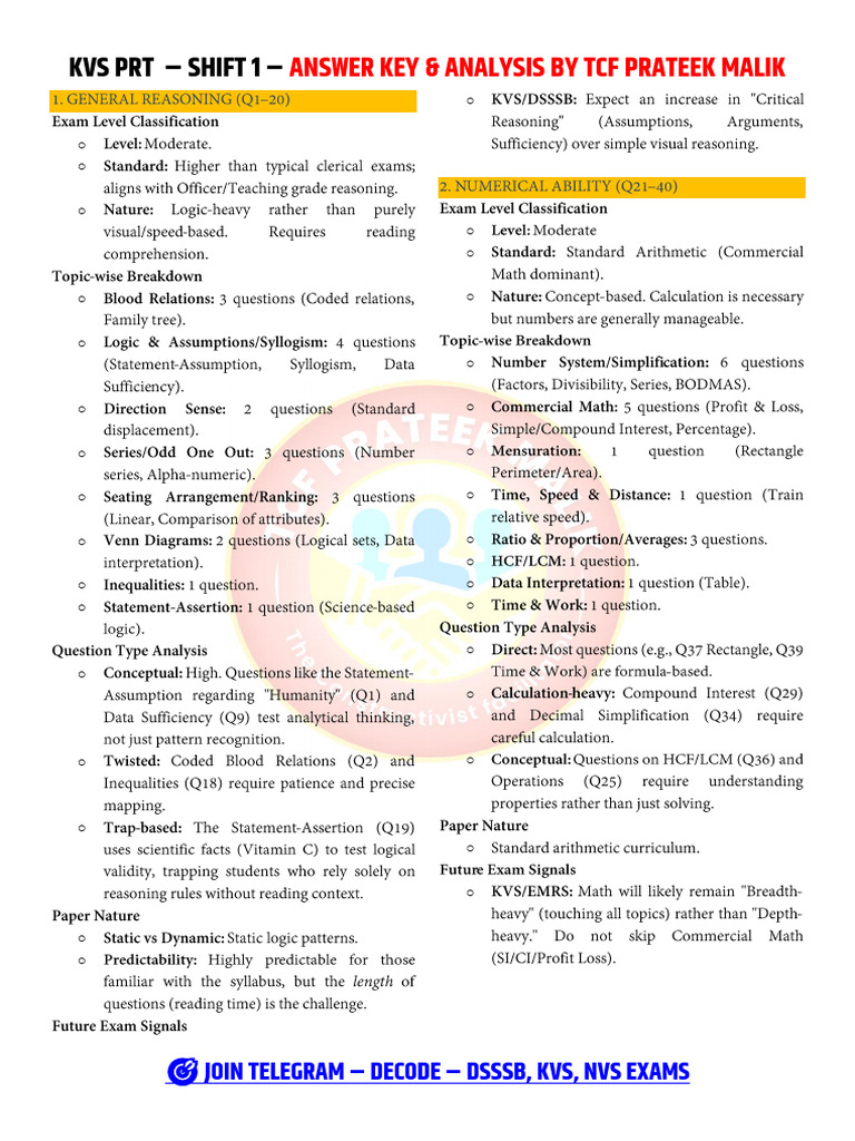 Kvs Prt Paper With Answer Key | PDF