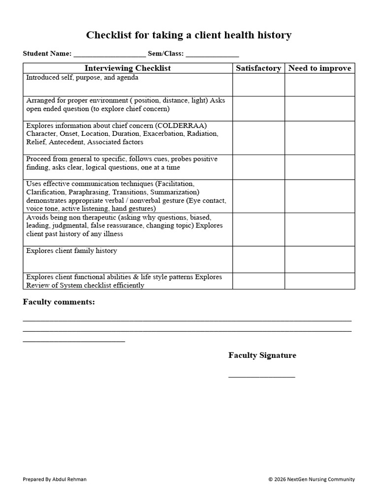 Checklist for Taking a Client Health History by NGNC | PDF