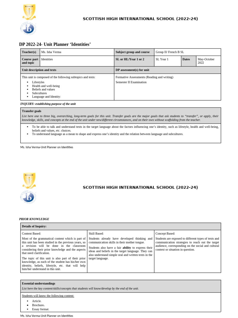 French B SL Unit Planner: Identities | PDF | Knowledge | Identity ...