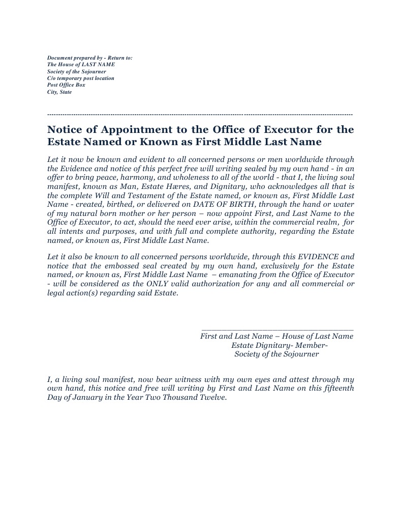 Executor Appointment Notice Template | PDF