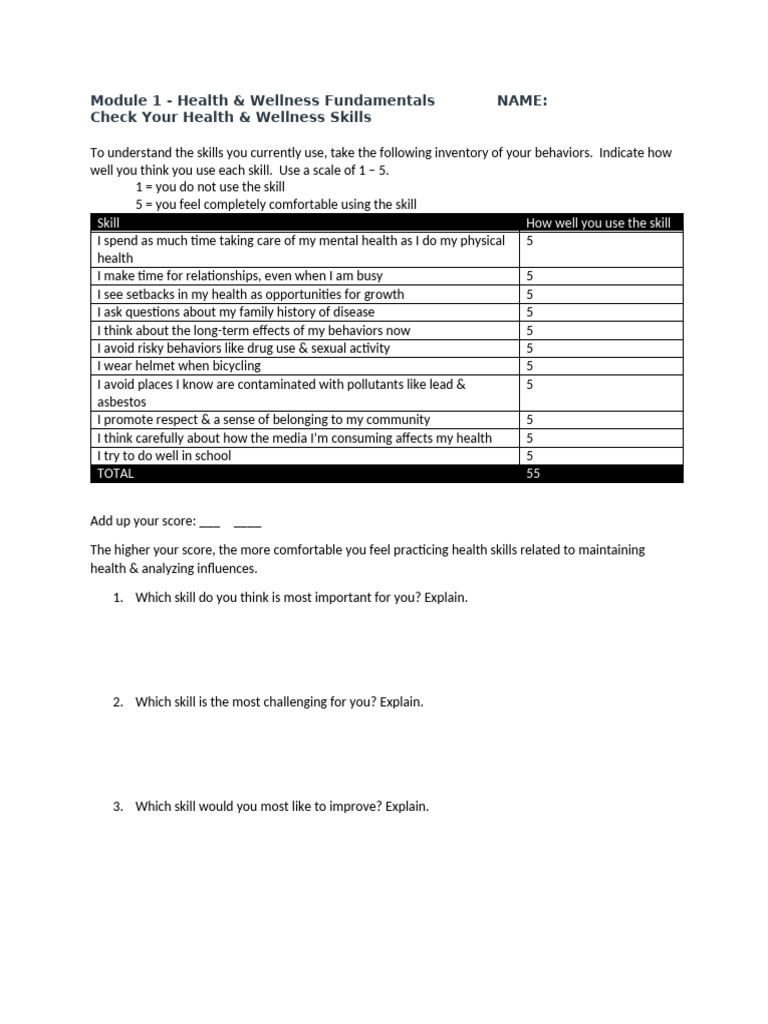 Health & Wellness Skills Assessment | PDF