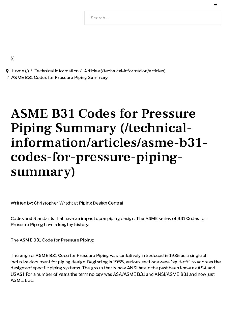 ASME B31 Pressure Piping Codes Summary | PDF | Process Engineering | Fuels