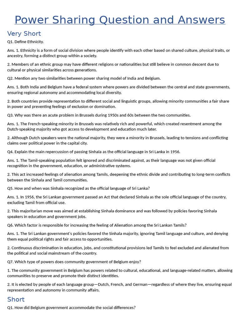 Power Sharing Question and Answers | PDF | Democracy | Political Ideologies
