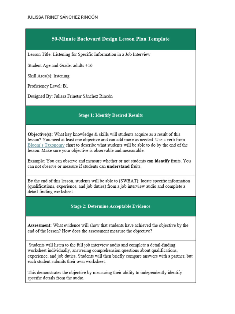 50 Minutes Lesson Plan (Listening) | PDF | Job Interview | Lesson Plan