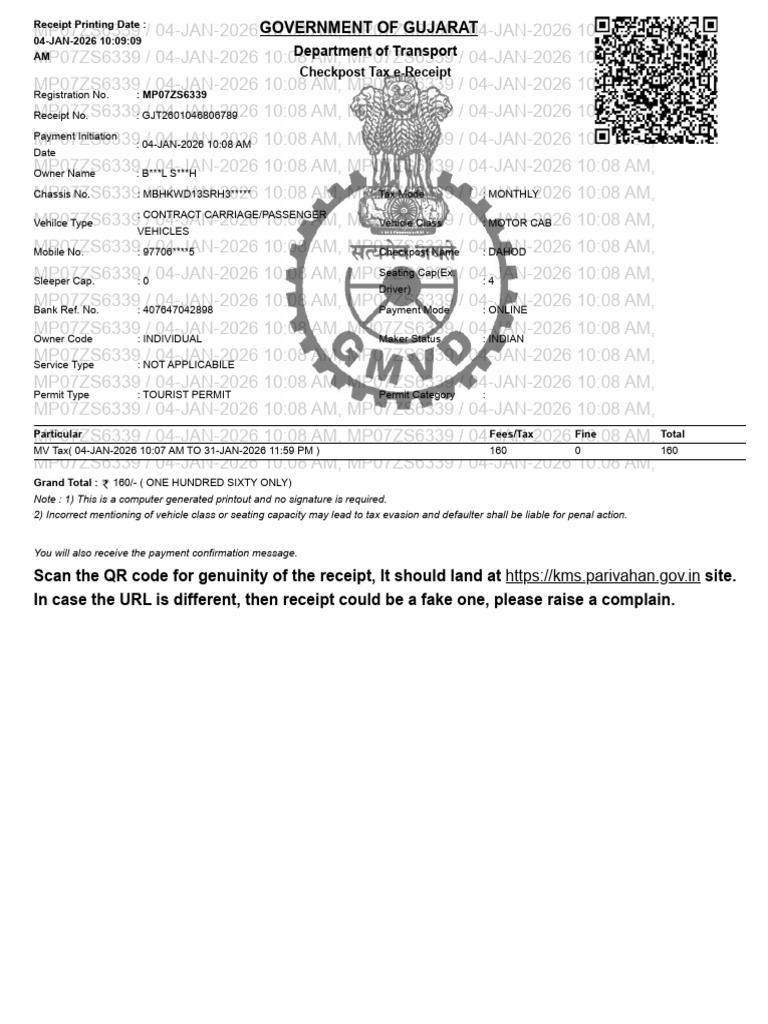 Gujarat Checkpost Tax e-Receipt MP07ZS6339 | PDF | Vehicles | Transport