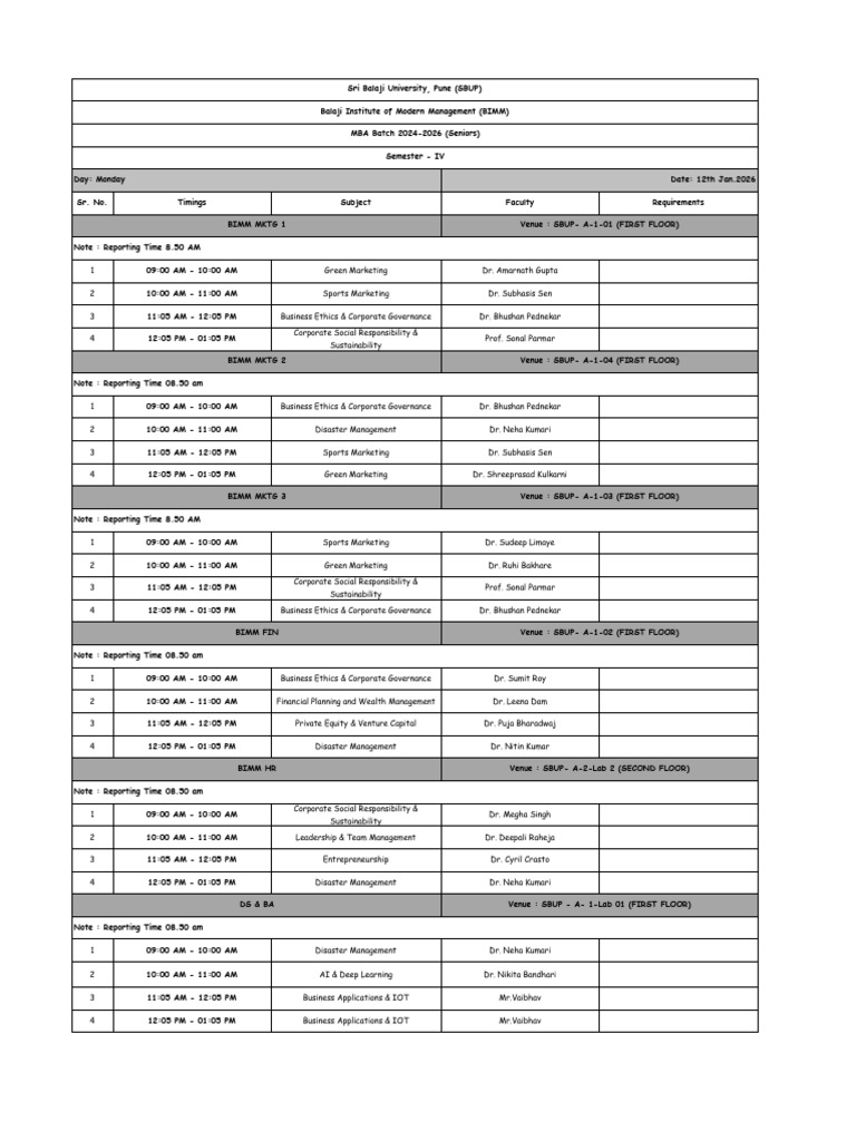 Seniors BIMM Schedule Dated On 12th Jan 2026 | PDF | Business ...