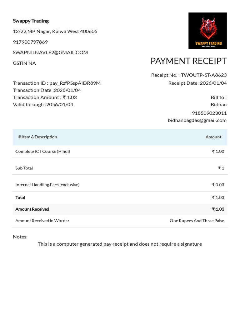 Swappy Trading Payment Receipt | PDF