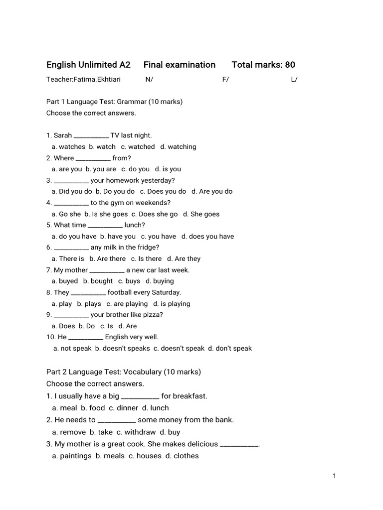 A2(c) Final Test Fatima Ekhtiari2024 | PDF | Meal