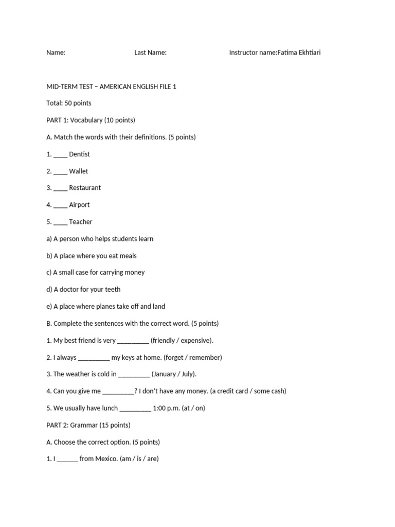 Mid-Term Test: American English File 1 | PDF
