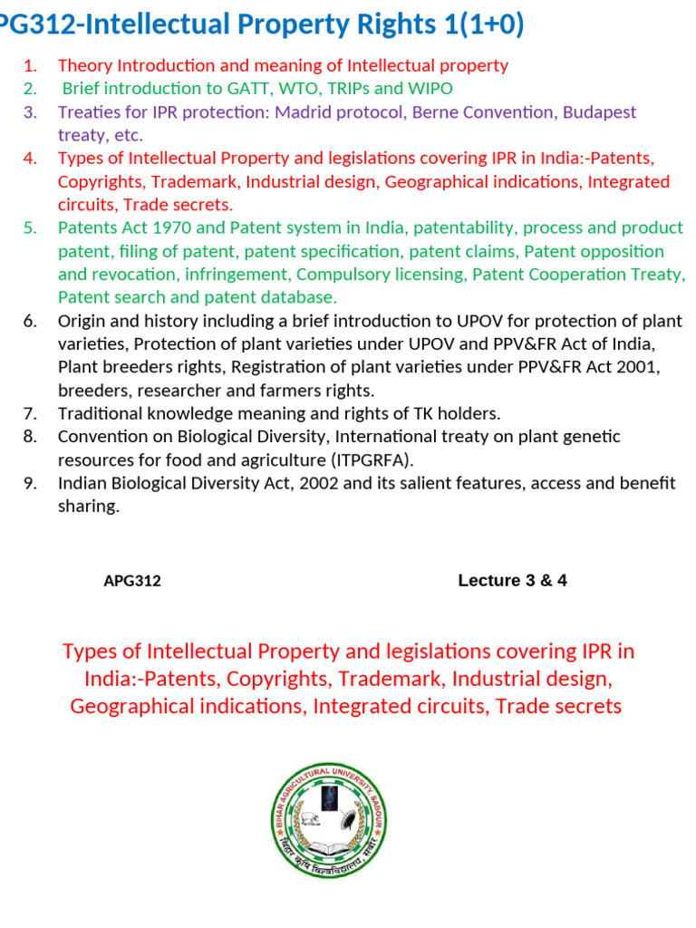 2Lecture 3&4 APG312 Intellectual Property Rights Dr R S Singh Copy (1 ...
