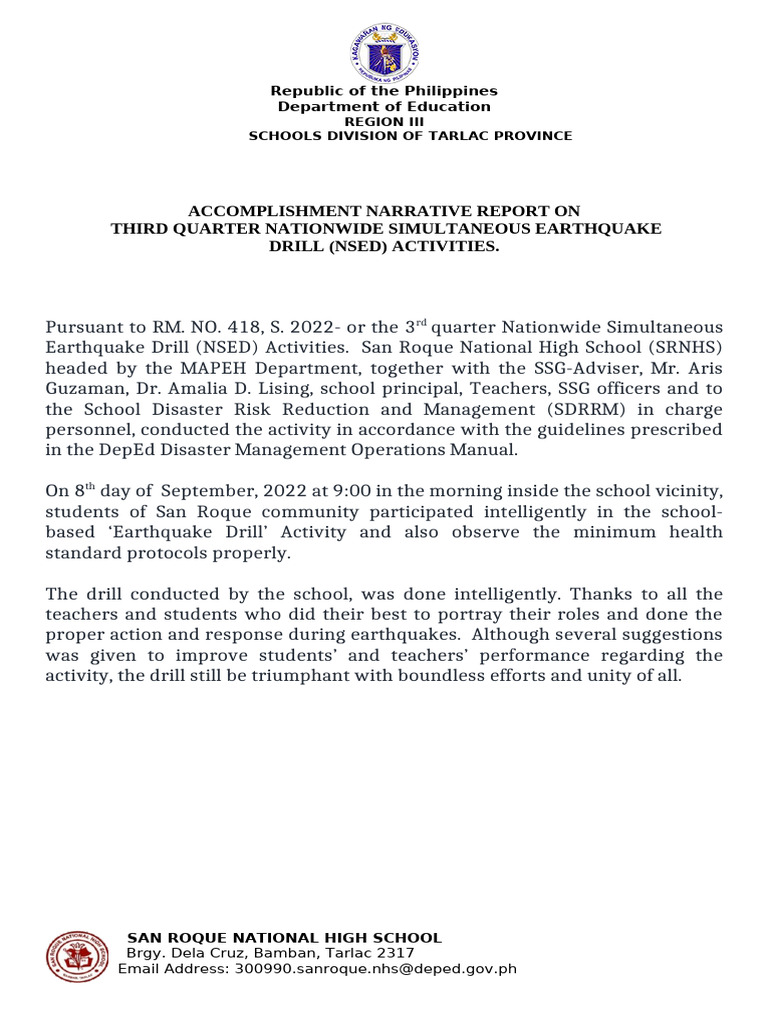 Accomplishment.report. Earthquake Drill 2022 | PDF