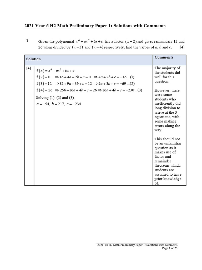 2021 H2 Math RI Prelim Paper 1 Solns | PDF | Quadratic Equation ...