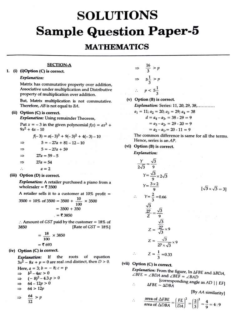 Maths Sample Paper 005 SOLUTIONS | PDF | Circle | Mathematics