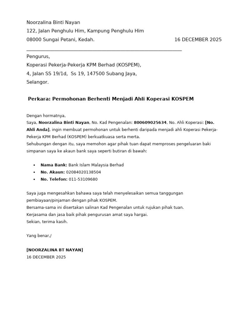 Permohonan Berhenti Ahli Koperasi KOSPEM | PDF