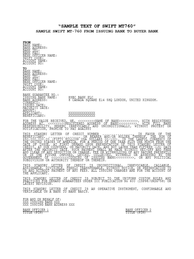 Sample SWIFT MT760 Bank Guarantee | PDF