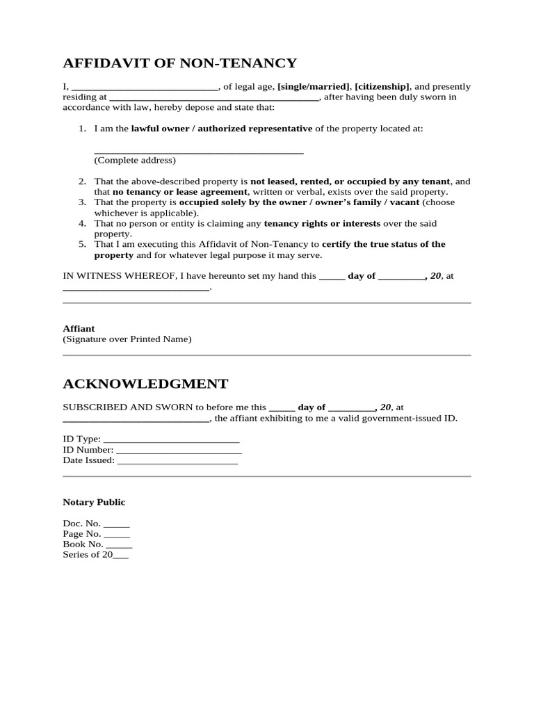 Affidavit of Non-Tenancy Template | PDF