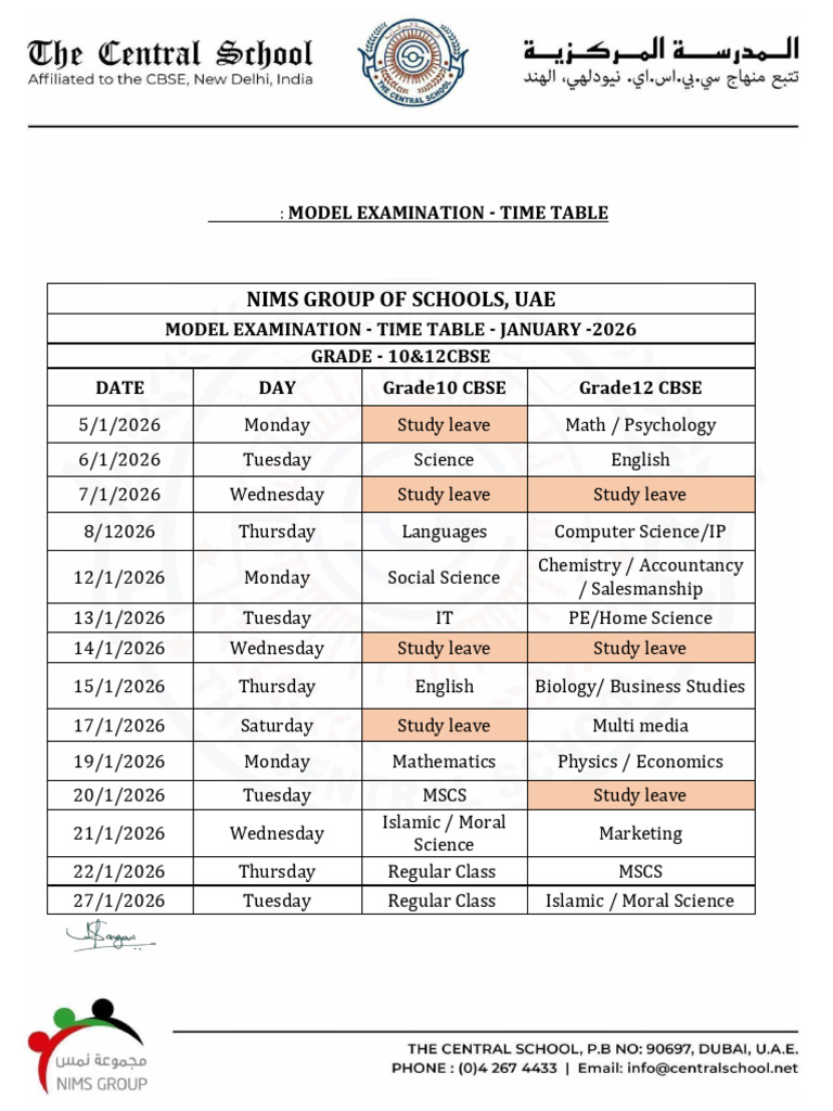 Model Exam Timetable for Grades 10 & 12 | PDF