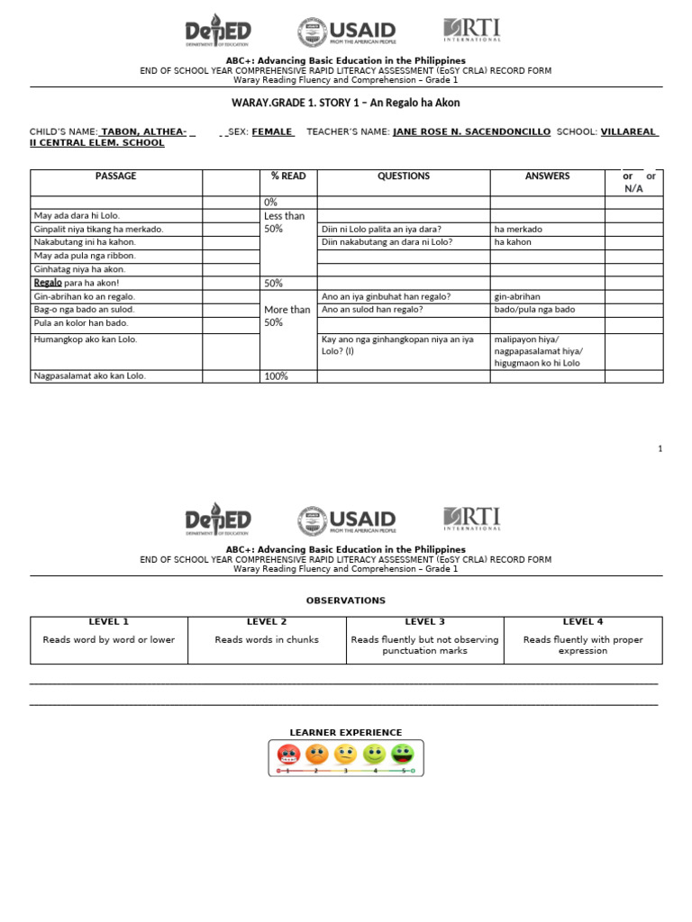 Waray - G1.Reading Comprehension (Teacher's Use) | PDF | Writing ...