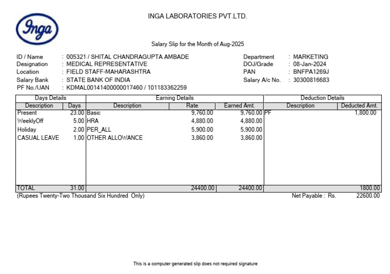 August 2025 Salary Slip - Medical Rep | PDF