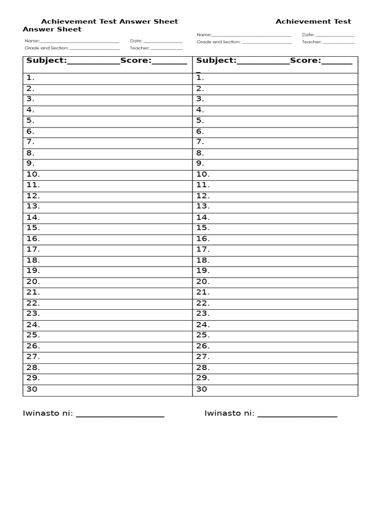 Achievement Test Answer Sheet Template | PDF
